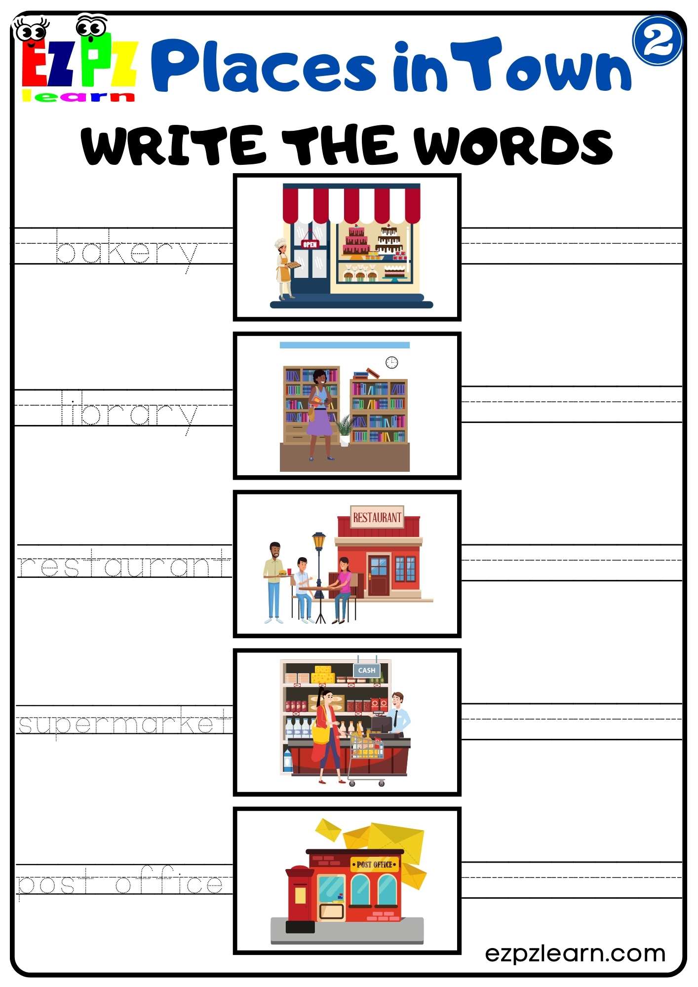 Places in Town Vocabulary Write the Words Worksheet Free Download for Parents and ESL Teachers ...